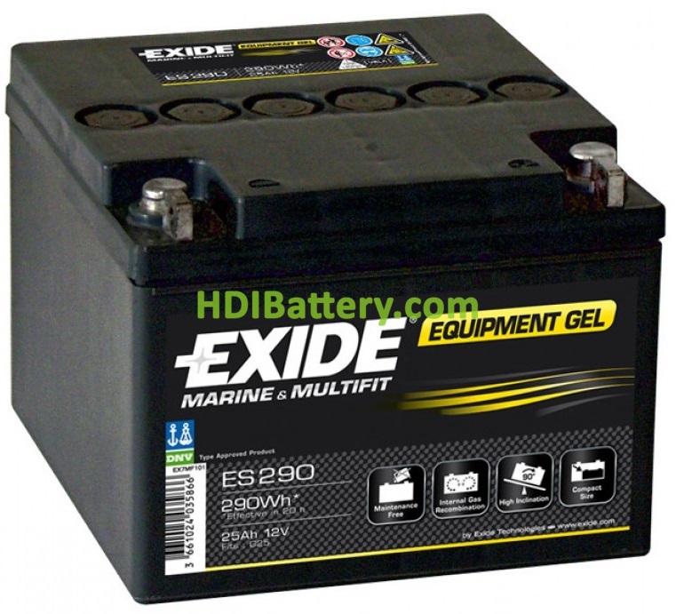 Batería de gel Exide ES290 para caravanas y autocaravanas 12 Voltios 25 Amperios 166x175x125mm